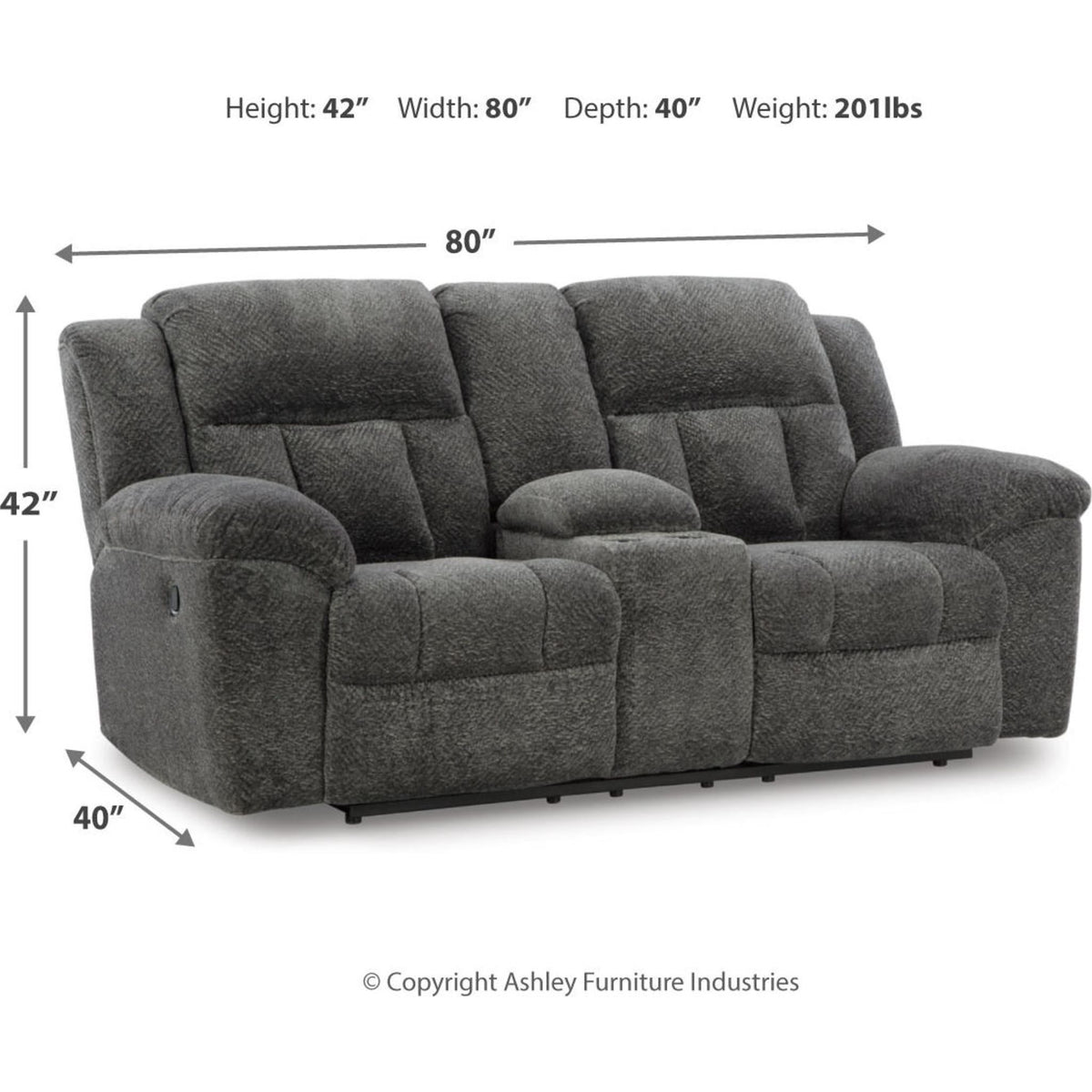 Frohn Reclining Loveseat with Console - Graphite | Factory Direct Furniture